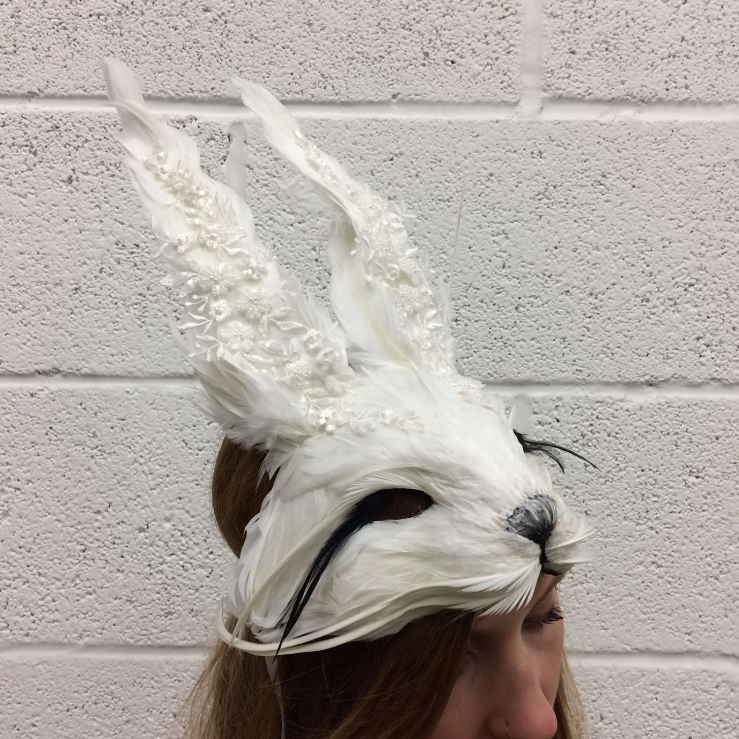 Luxury Lace Embellished White Rabbit Mask, Unisex Animal Mask, Woodland ...