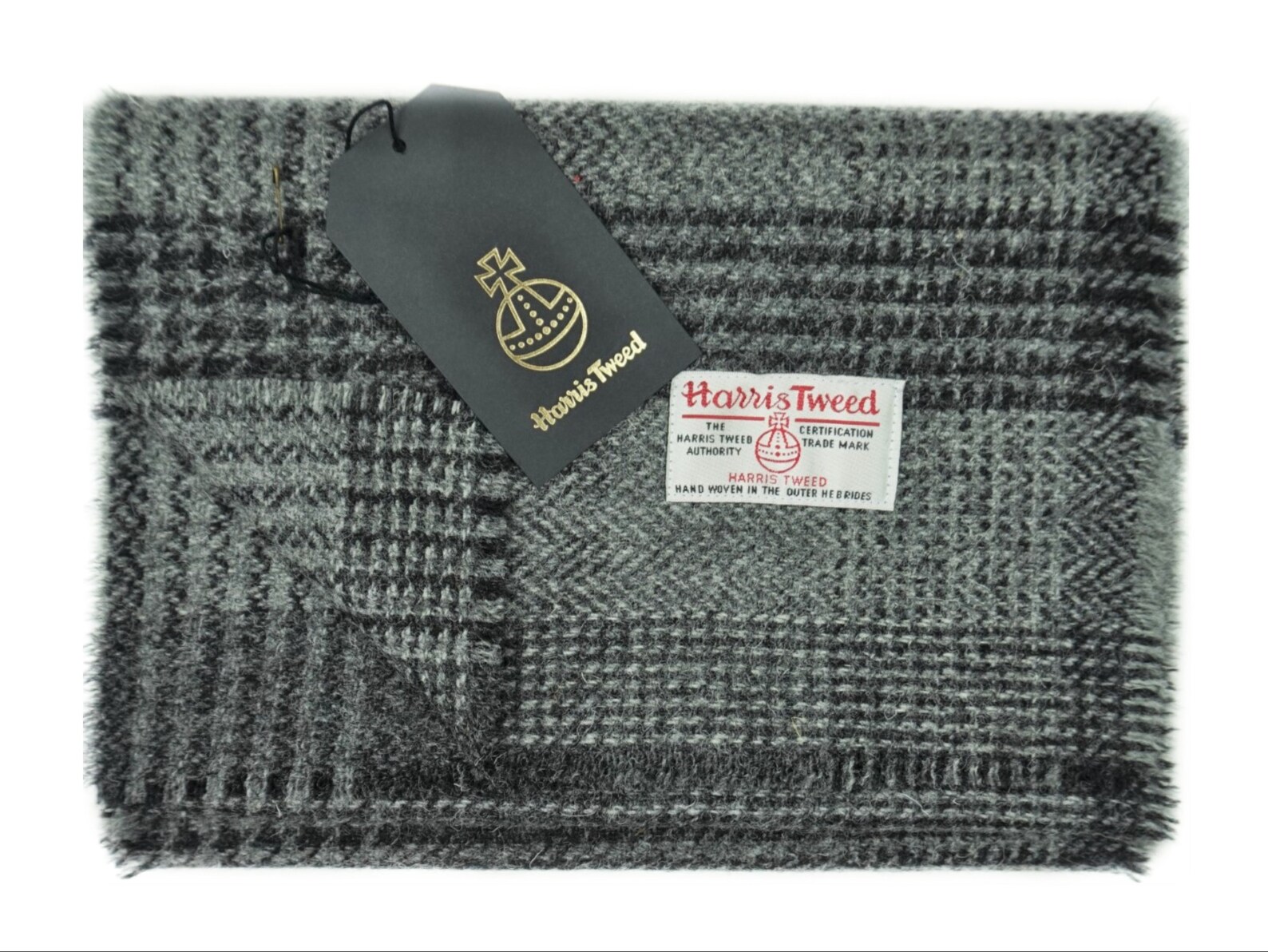 Harris Tweed Pure Wool Luxury Mens & Womens Fringed Scarf .. Black/grey ...