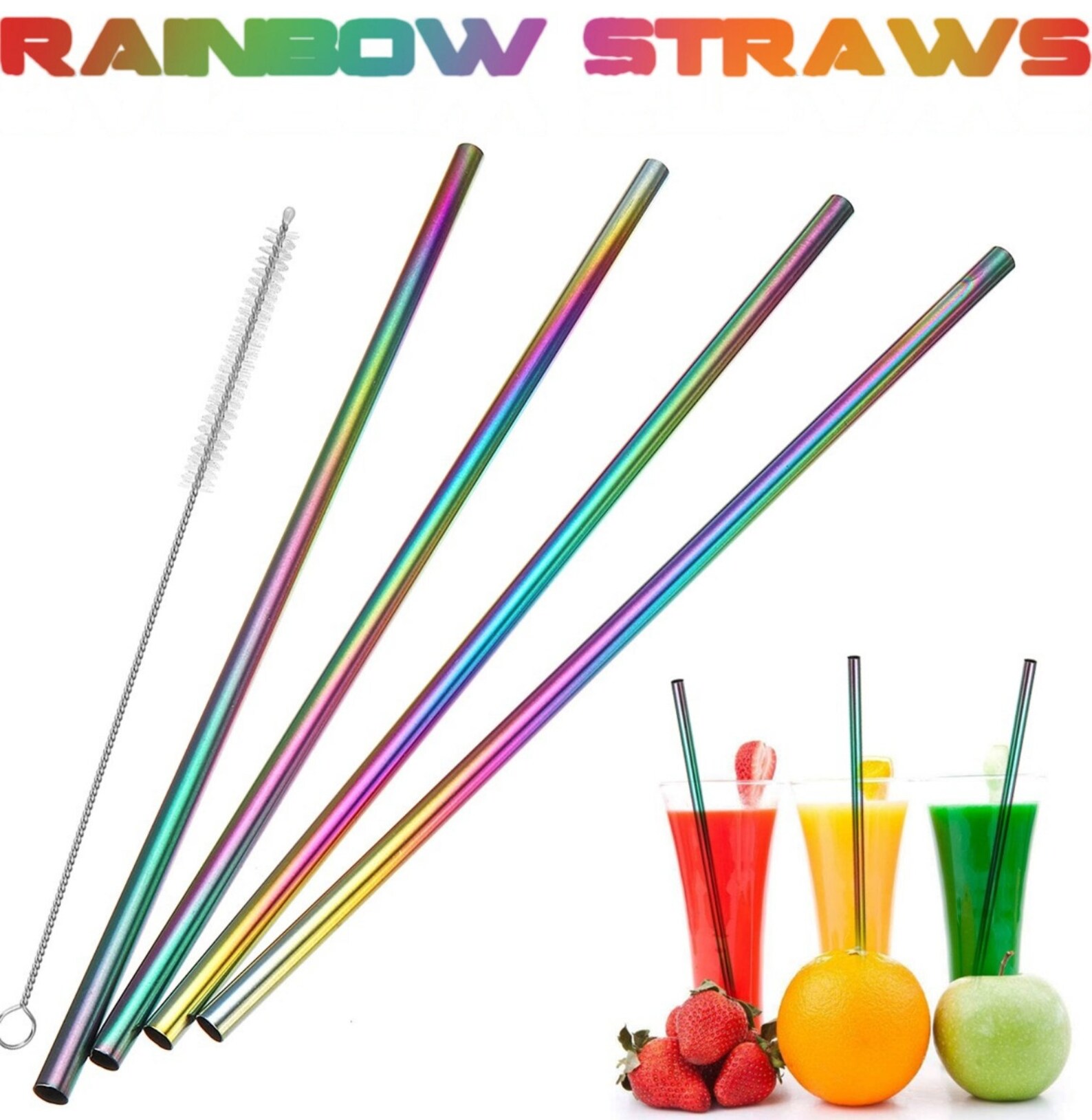 RAINBOW STRAIGHT 215mm Metal Drinking Straws Stainless Steel Reusable ...
