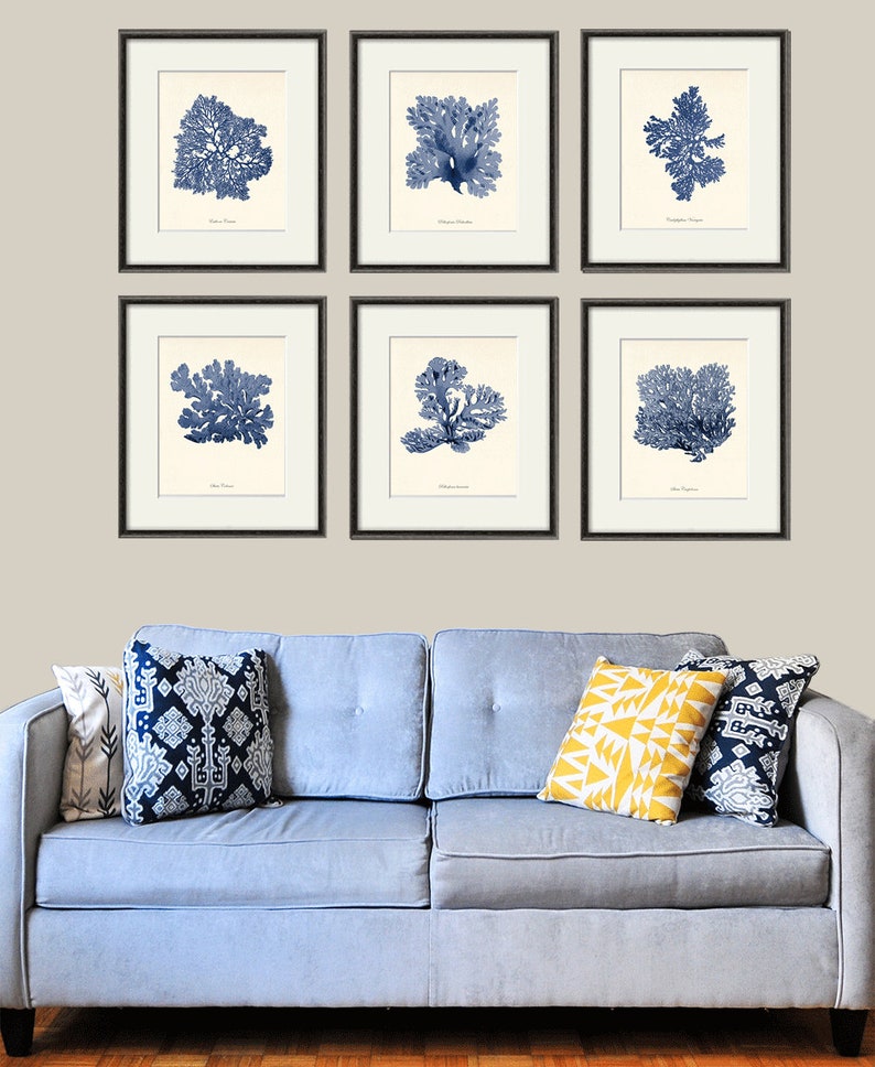 Navy blue Nautical art print set of 6 antique wall art | Etsy