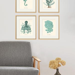 Green Sea Coral Art Nautical Print Set Sea Art Print Vintage Ocean Life ...