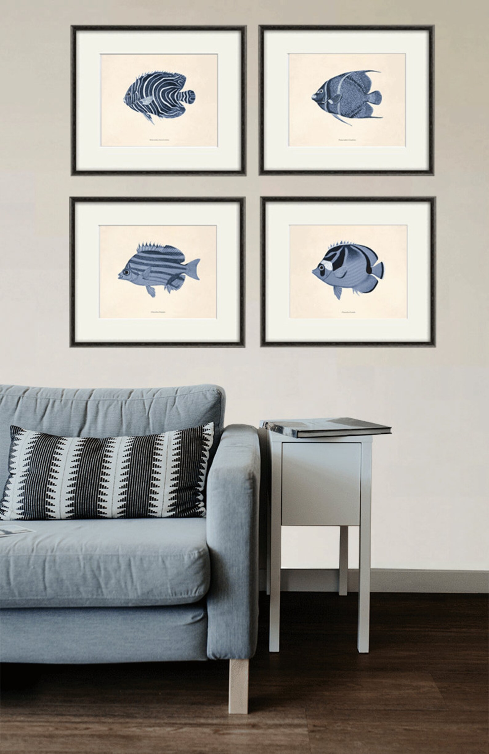 Tropical Fish Art print navy blue art fish print antique wall | Etsy