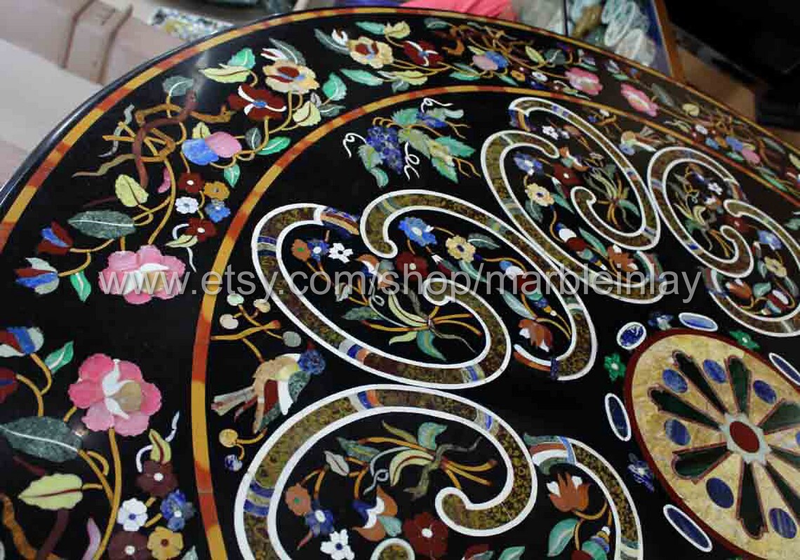 Round Black Marble Inlay Dining Room Table Top Handmade Pietra - Etsy