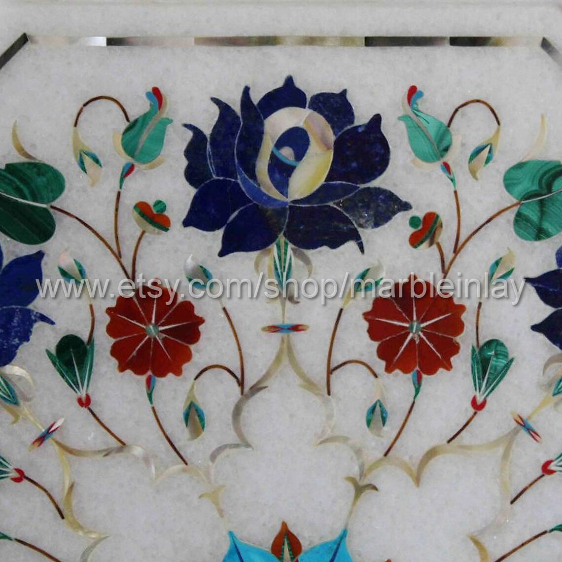 End Coffee Table White Marble Inlay Table Semiprecious Stone | Etsy