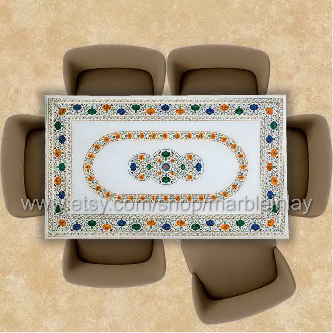 White Marble Dining Table Top Rectangle Handmade Inlay Kitchen ...