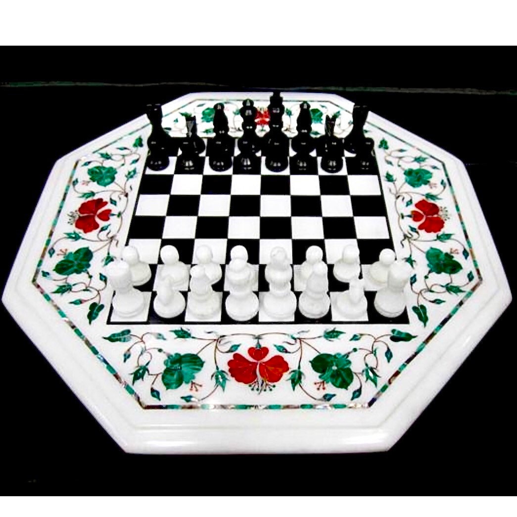 Marble Inlay Old Chess Board With Pieces | Etsy