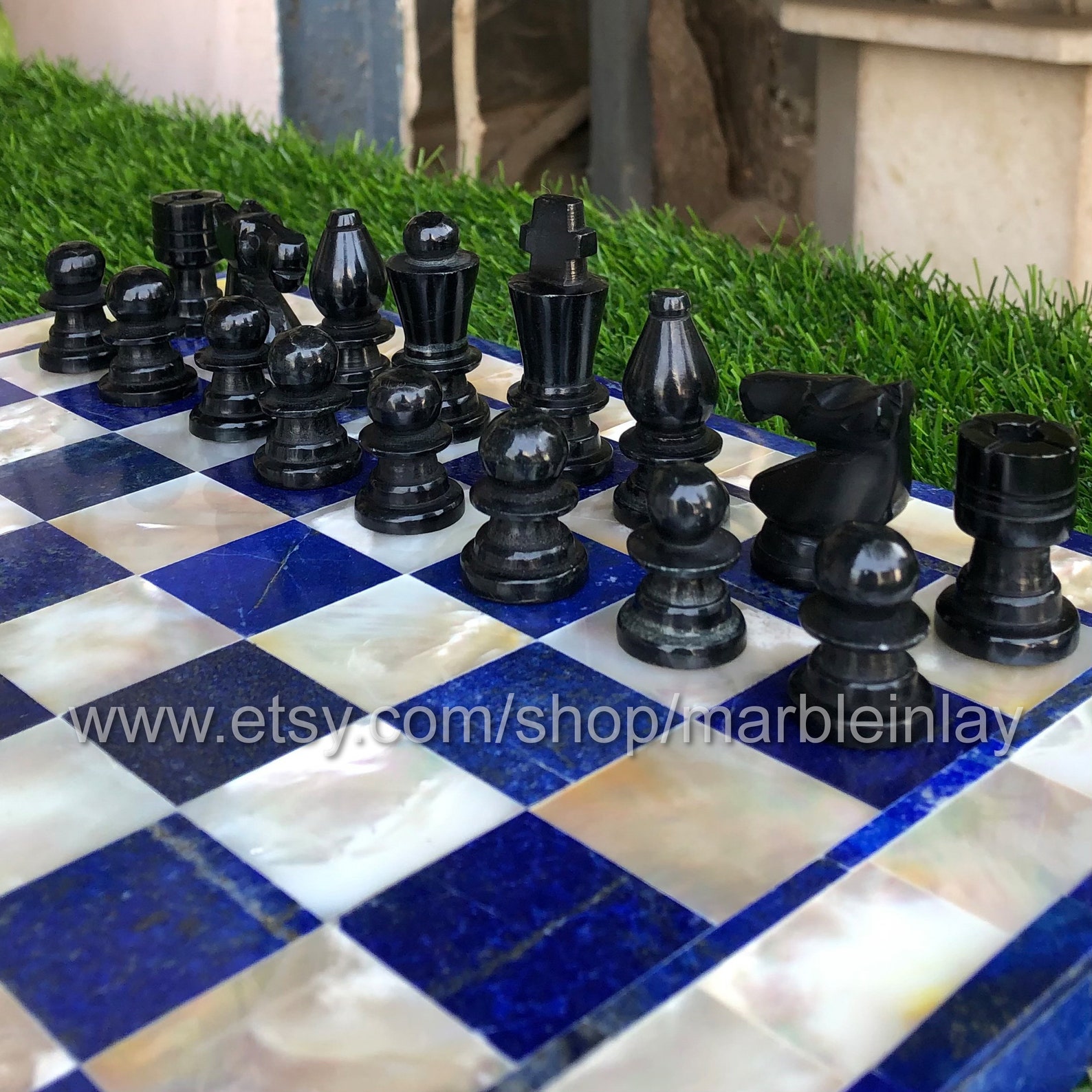 The Queens Gambit Chess Set Lapis Lazuli Inlay Premium Marble | Etsy