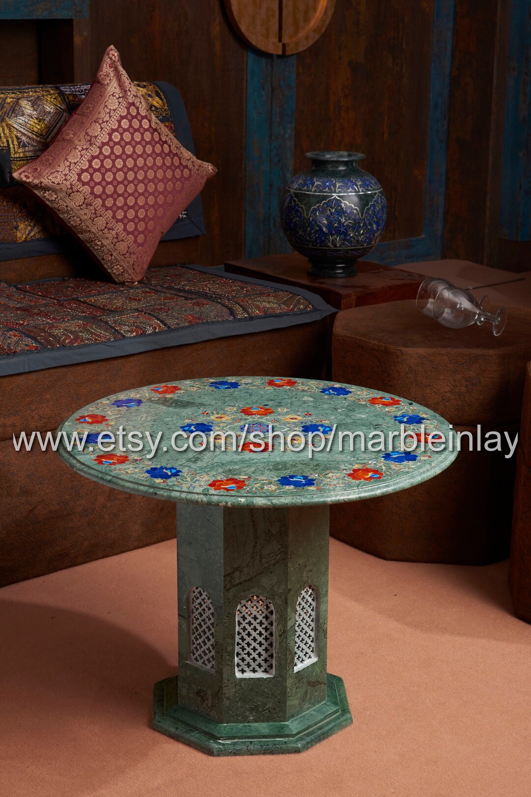 Green Marble Coffee Table Inlay With Natural Gemstones - Etsy