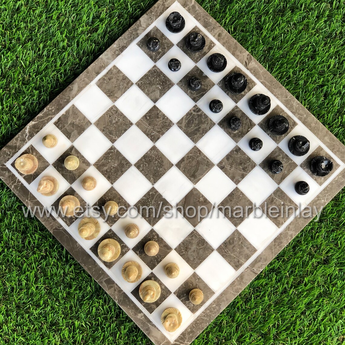 Stone Chess Set with Wooden Box Italian William Grey Marble | Etsy