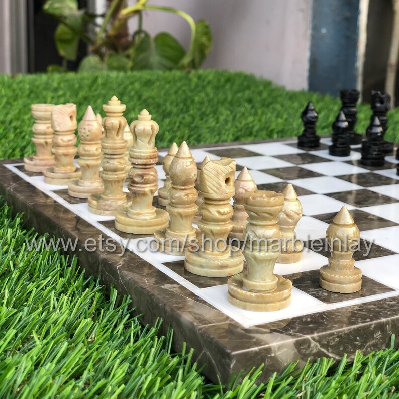 Stone Chess Set with Wooden Box Italian William Grey Marble | Etsy