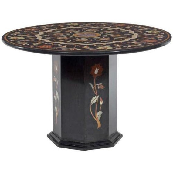 Round Black Marble Inlay Dining Table With Pedestal - Etsy