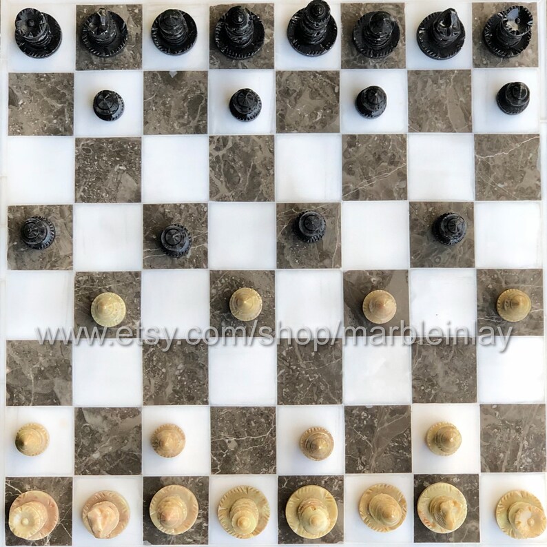 Stone Chess Set with Wooden Box Italian William Grey Marble | Etsy