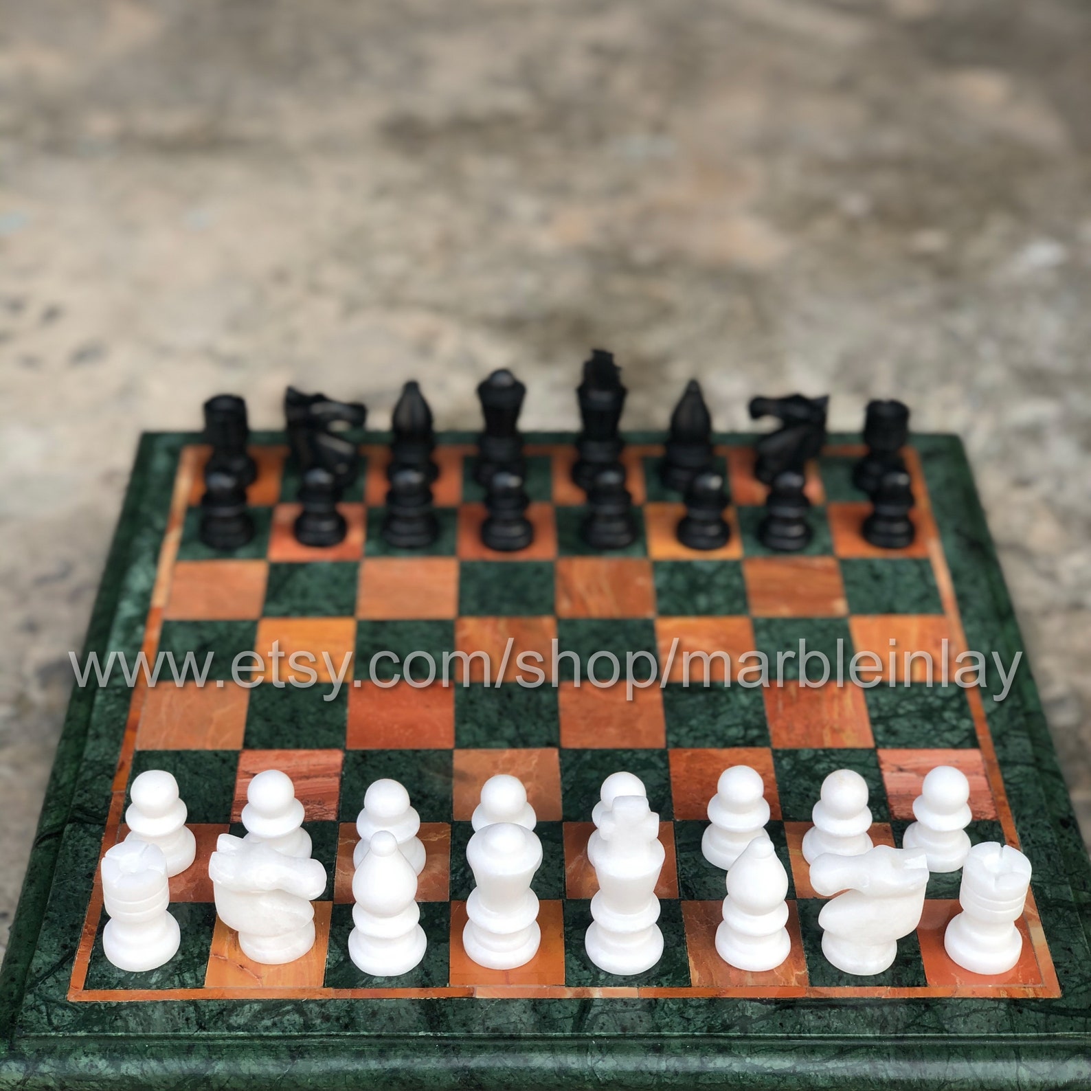 Green Marble Chess Board With Stone Chess Pieces Set - Etsy