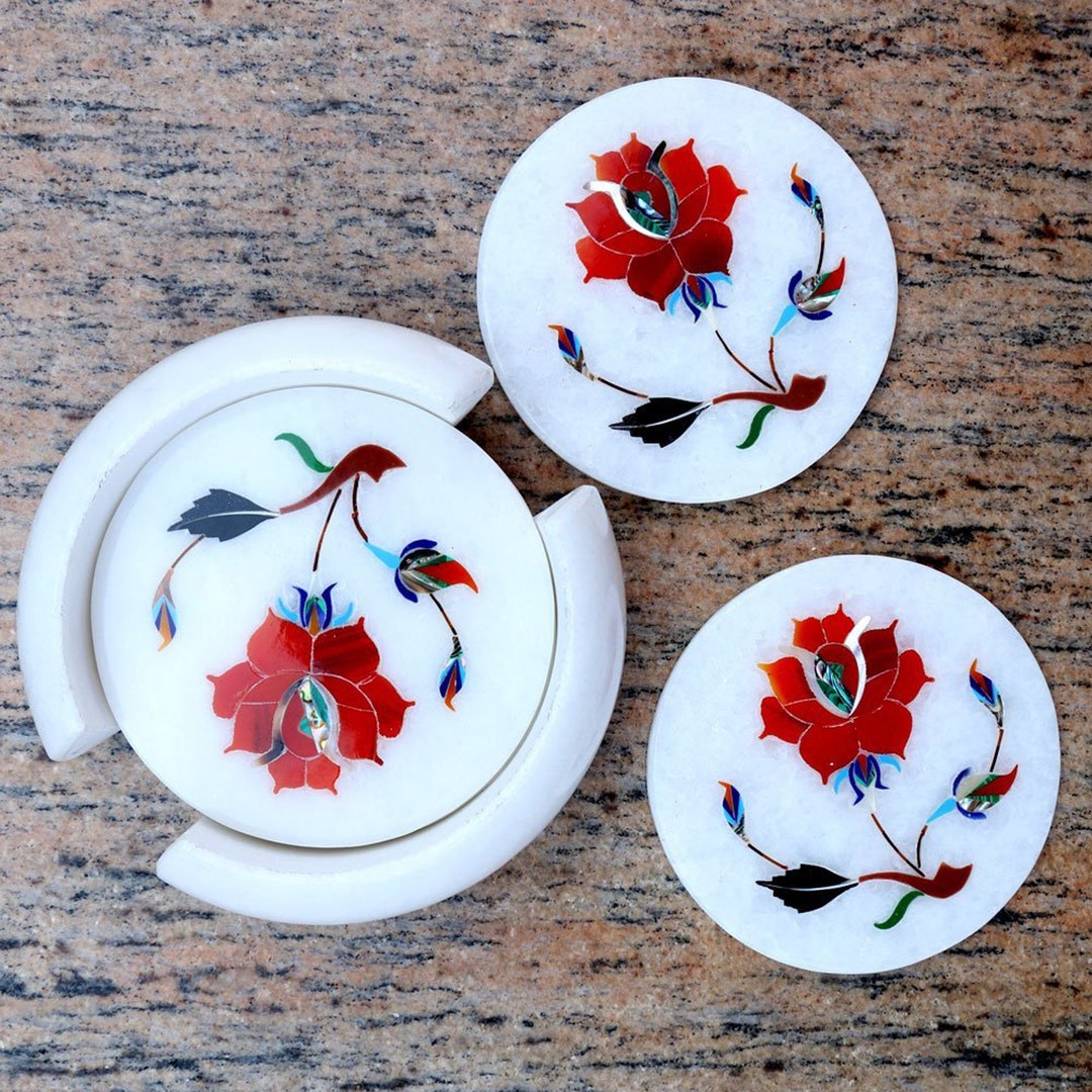White Marble Inlay Coasters With Holder - Etsy