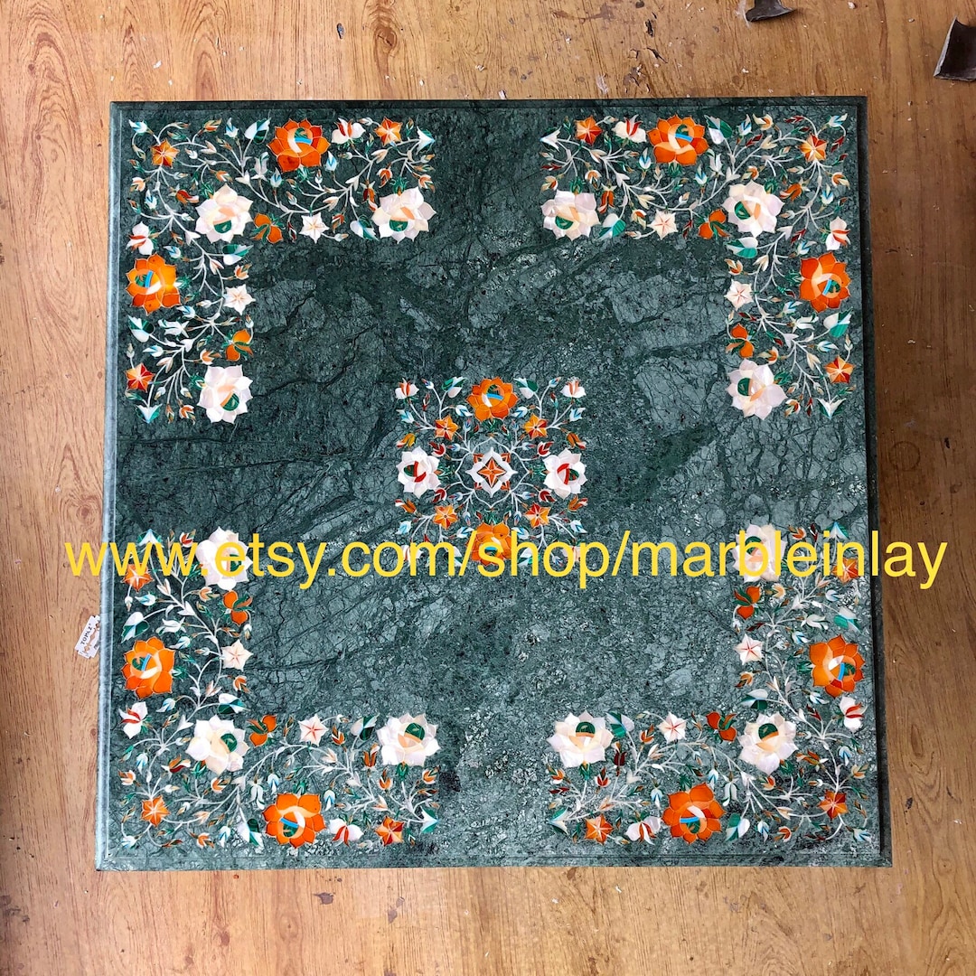Green Marble Inlay Square Coffee & End Table Top Handmade Living Room ...