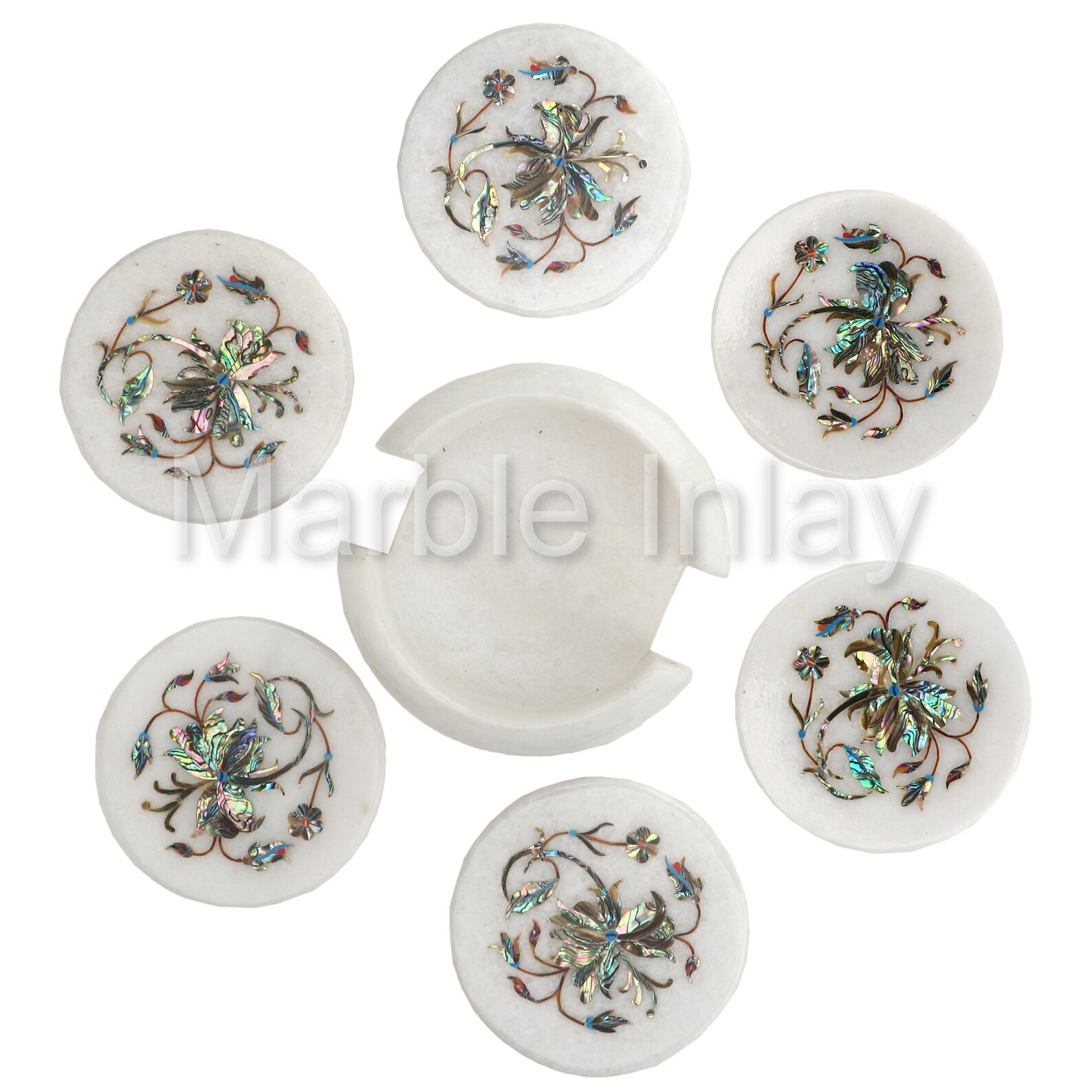 Marble Coasters Set With Holder for Drinks Unique Inlay Pietra | Etsy