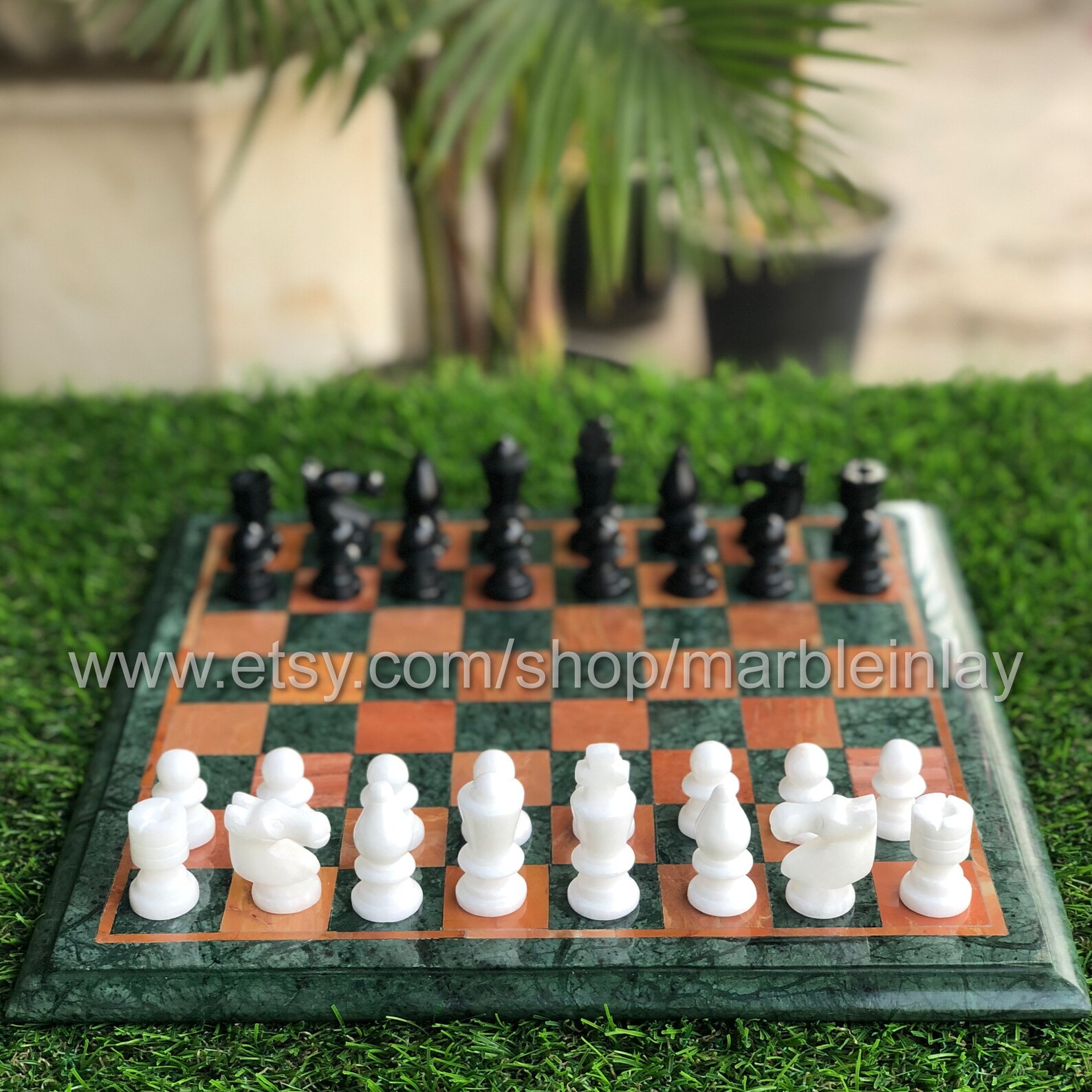 Green Marble Chess Board With Stone Chess Pieces Set - Etsy
