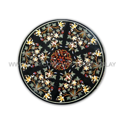 Black Marble Inlay Coffee Table Top Round Table Top Mother - Etsy