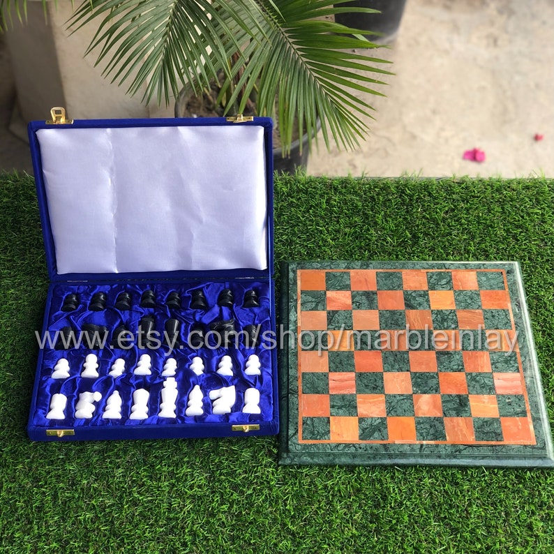 Green Marble Chess Board With Stone Chess Pieces Set | Etsy