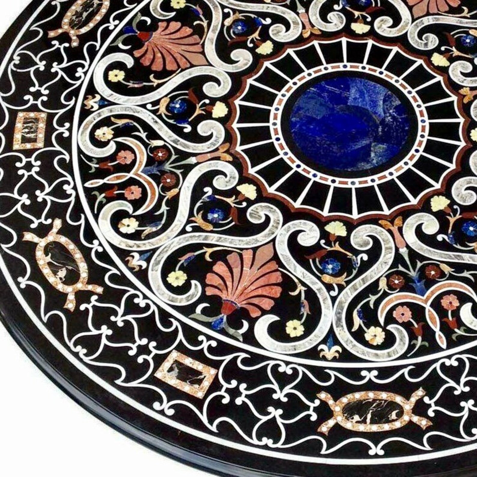 Round Black Marble Inlay kitchen Table Top Pietra Dura | Etsy