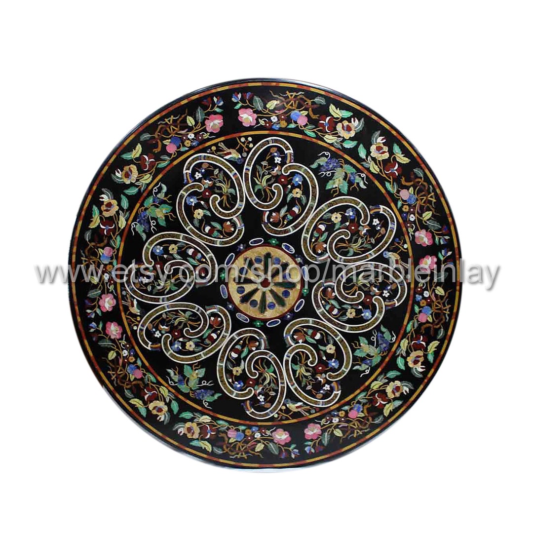 Round Black Marble Inlay Dining Room Table Top Handmade Pietra - Etsy
