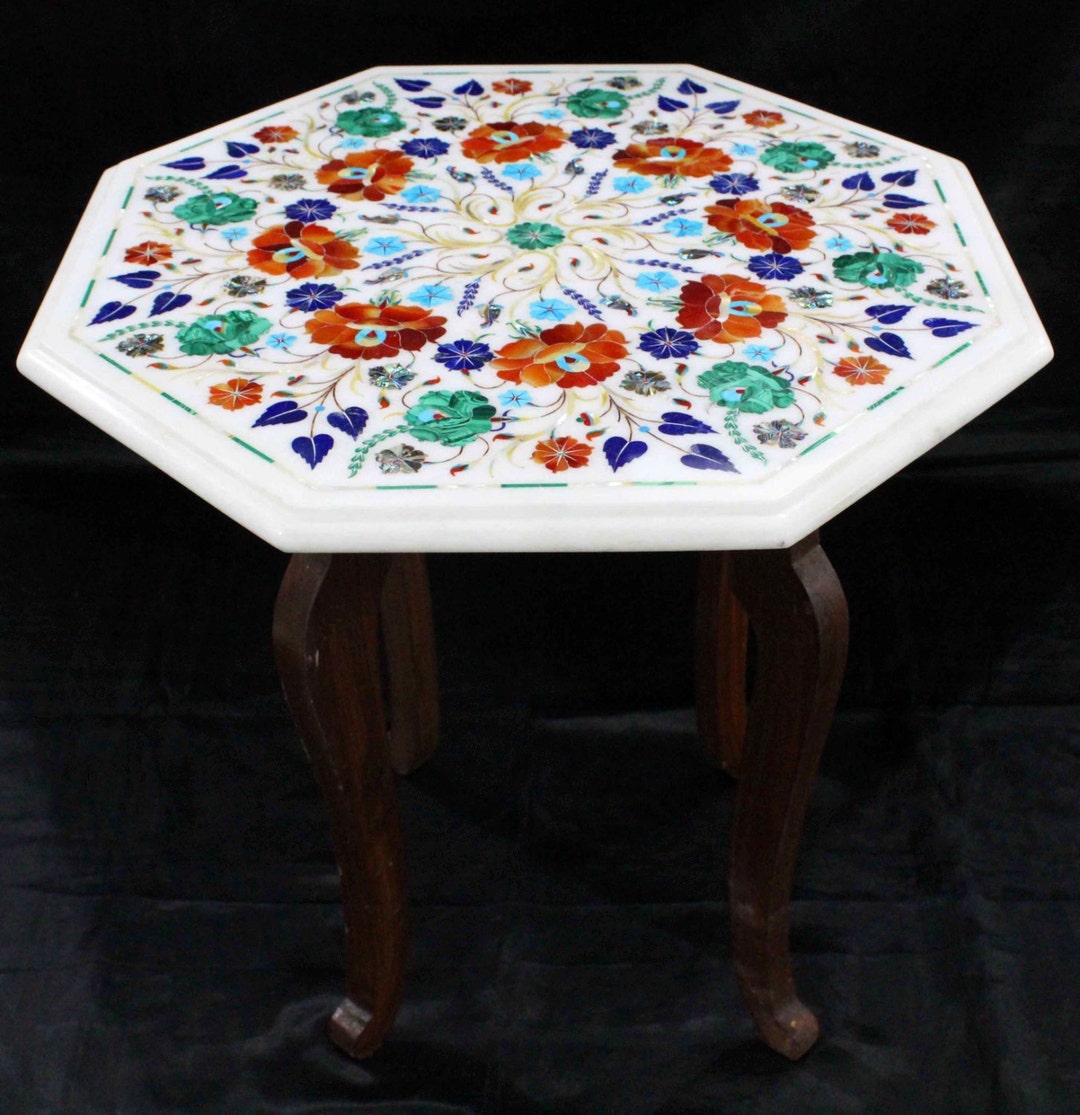 White Marble Inlay Side Table Hand Made Semiprecious Stone Inlaid ...