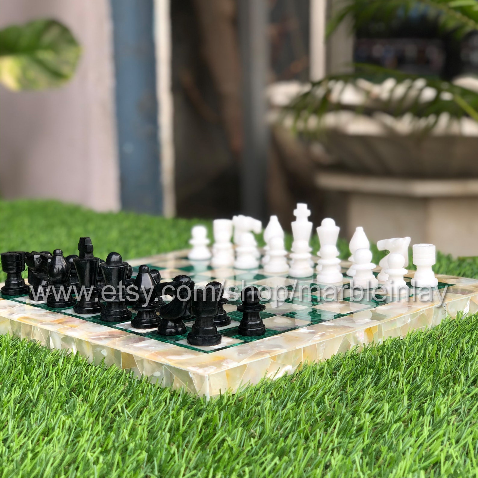 Stone Chess Pieces Set Marble Inlay Chess Board Tournament | Etsy