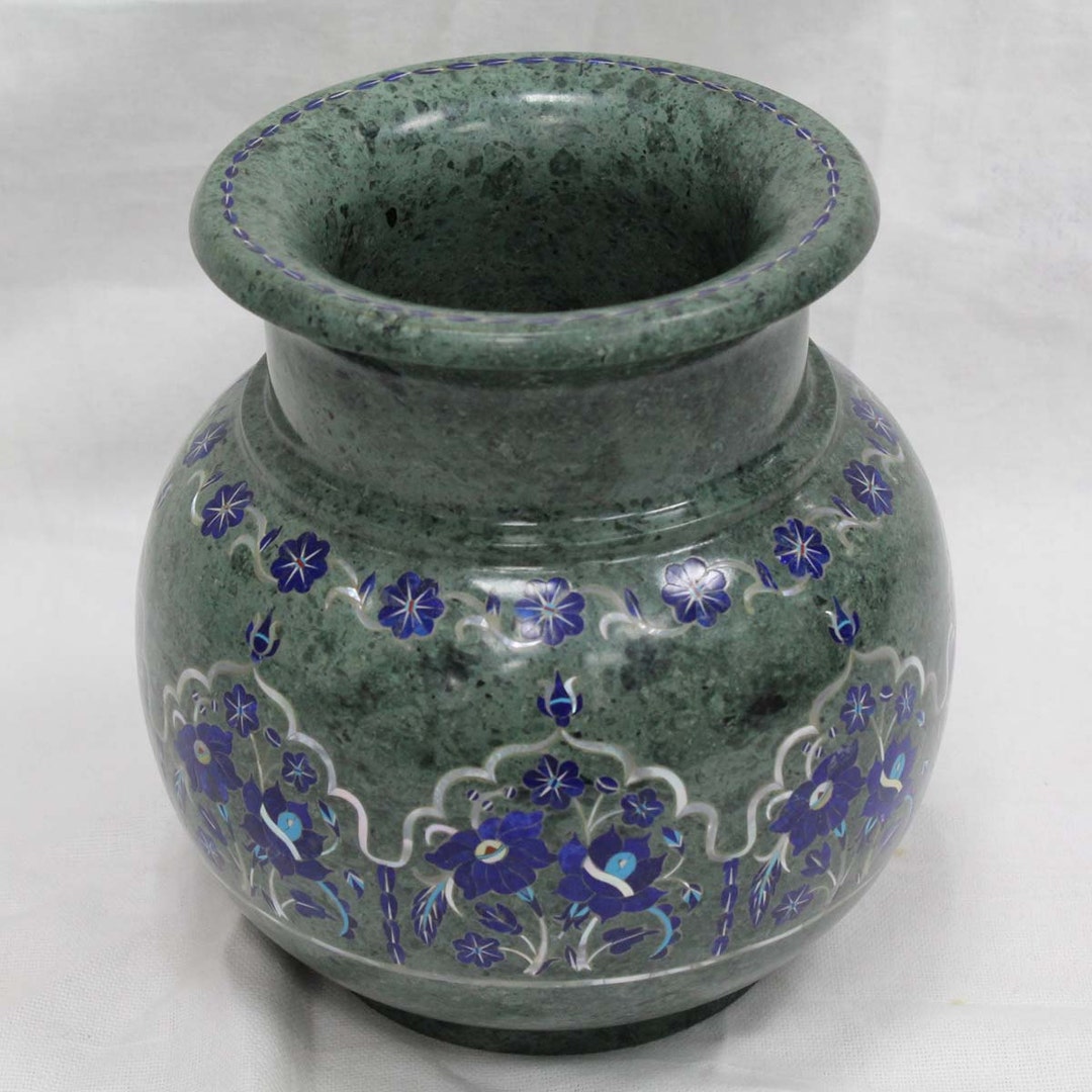 Marble Inlay Flower Vase Stone Inlaid Pot Pietra Dura Collectible Art ...