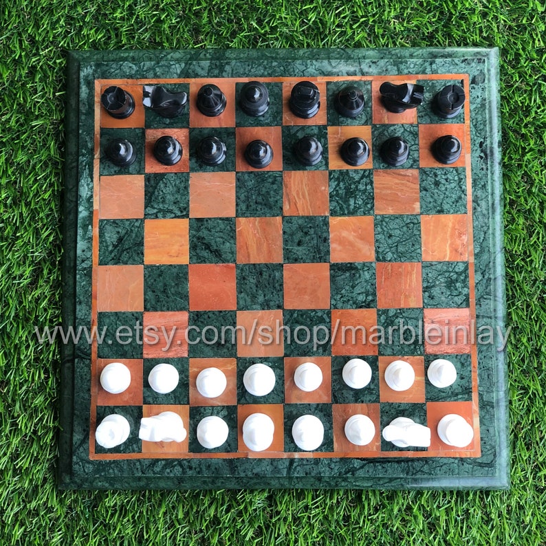 Green Marble Chess Board With Stone Chess Pieces Set | Etsy