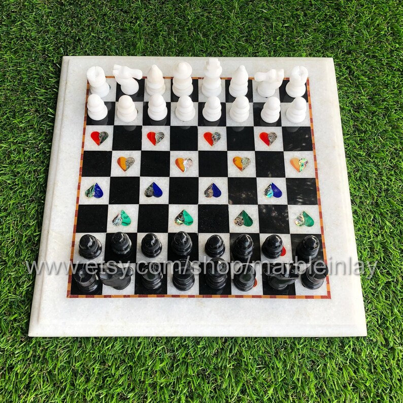 Premium Chess Board With Stone Chess Set Pieces Heart Inlay - Etsy