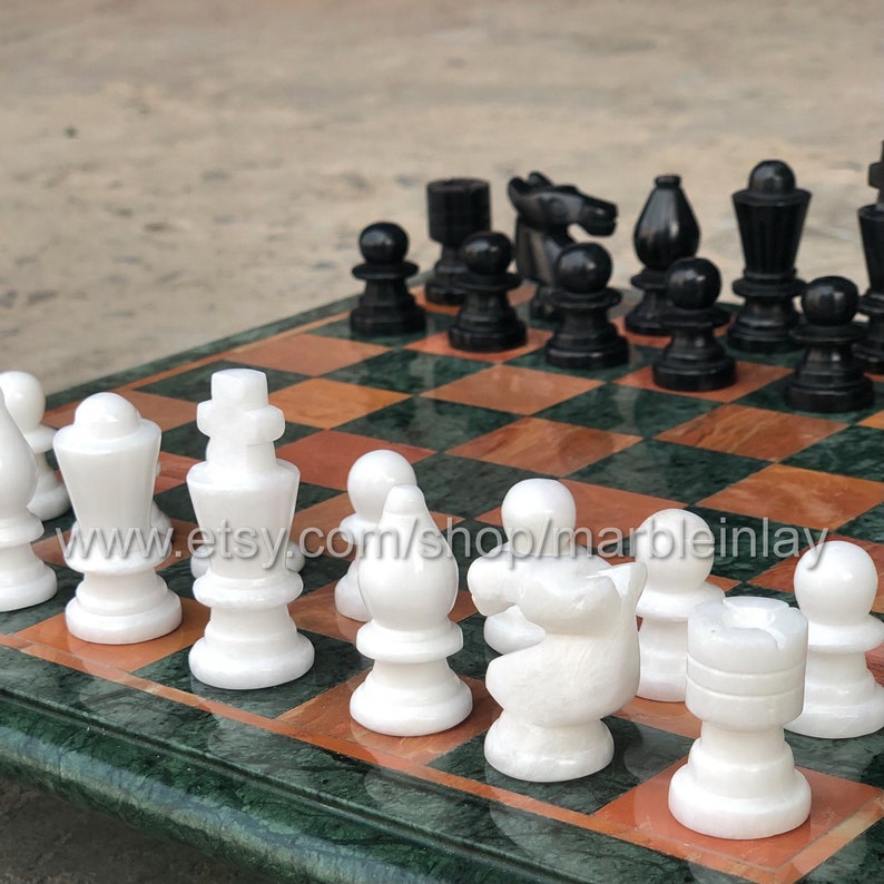 Green Marble Chess Board With Stone Chess Pieces Set | Etsy