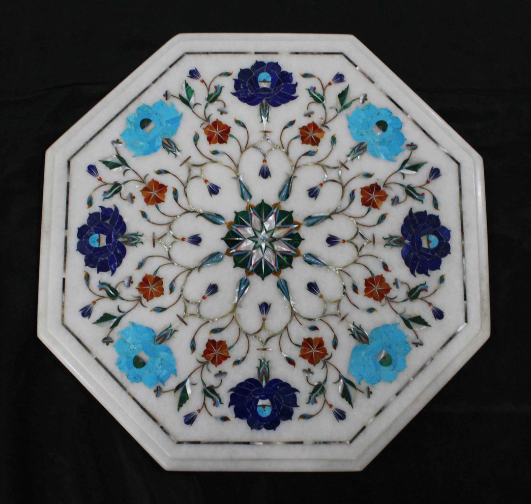 Marble Inlay Coffee Table Top Inlaid With Multicolor Semiprecious ...