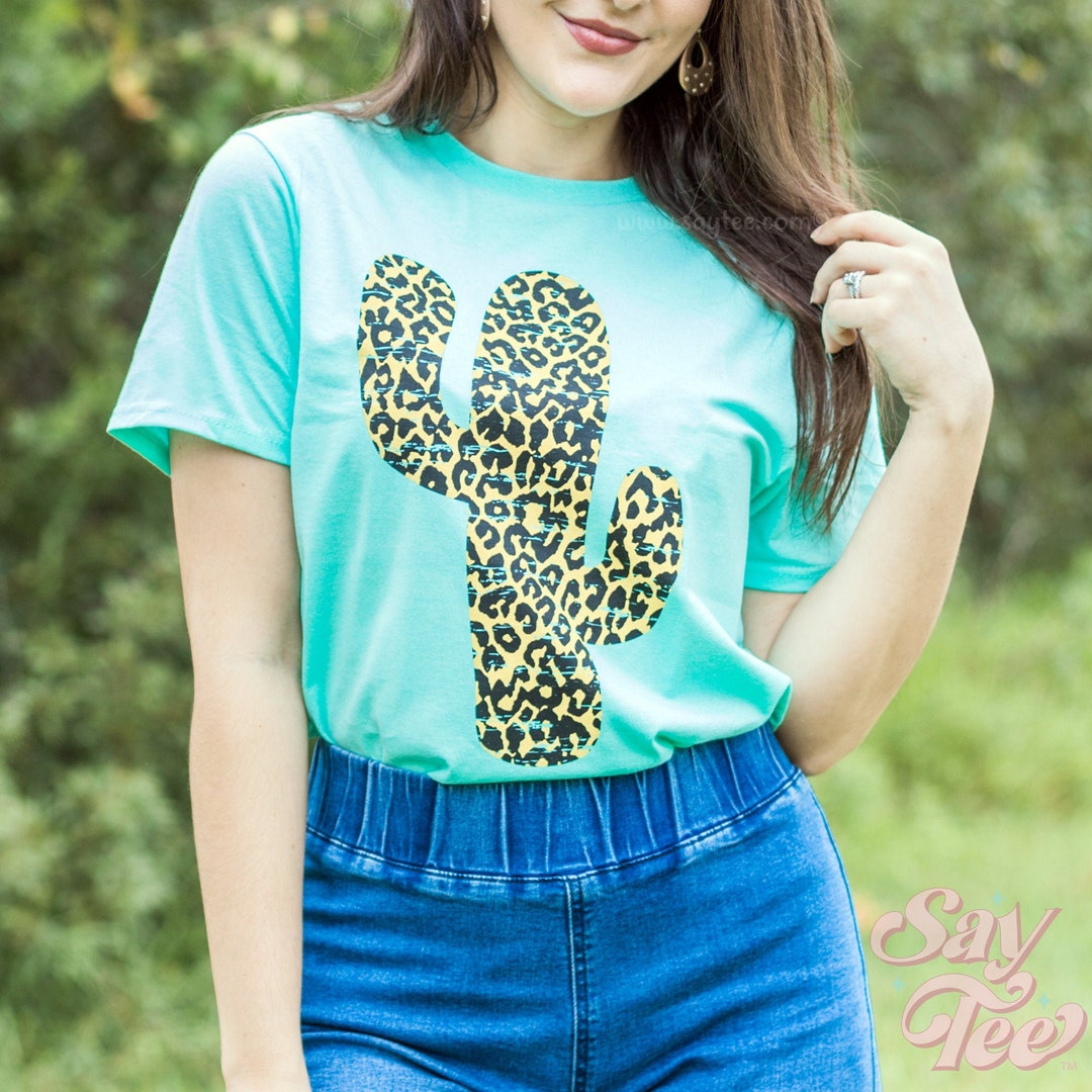 Leopard Cactus Shirt Mint, Leopard Print Shirt, Botanical Shirt, Unique ...