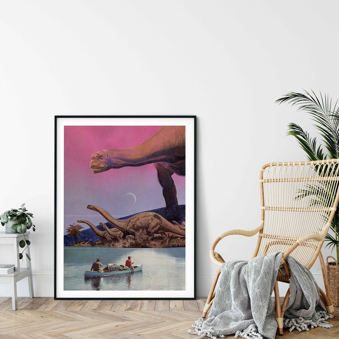 Extra Large Dinosaur Print - Pink Poster With the Boat and Lake - Large ...