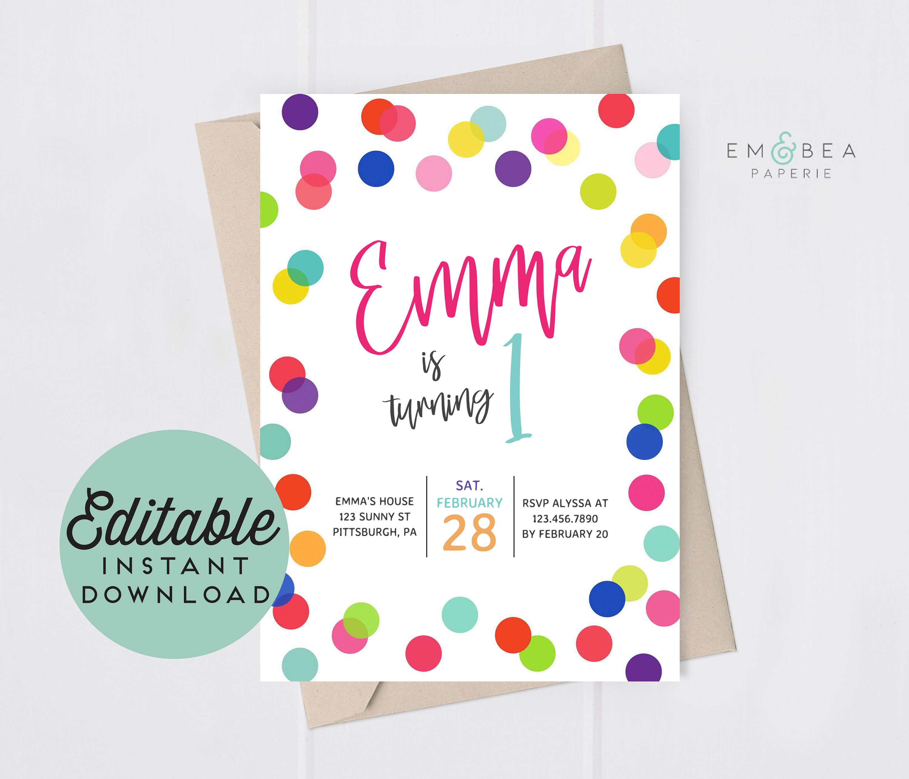 Polka Dot Birthday Invitation Girl Rainbow Printable | Etsy