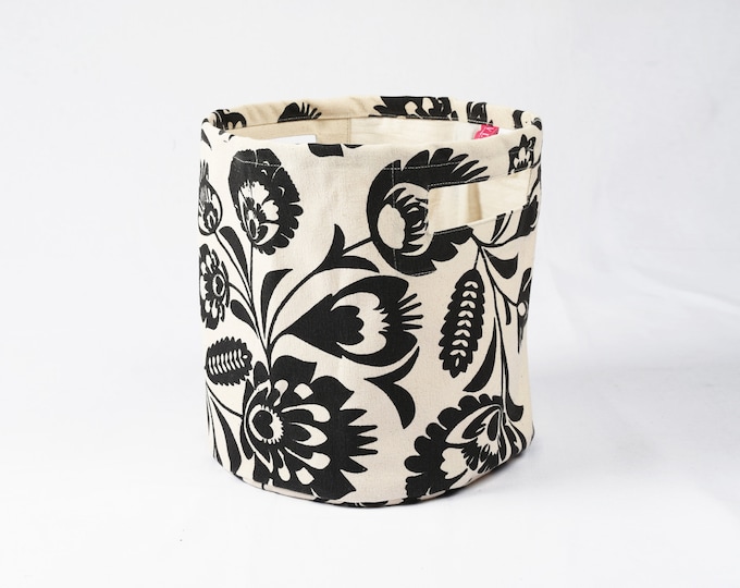 SMALL Storage Basket, Cotton Canvas Fabric, Floral Print, Black and ...