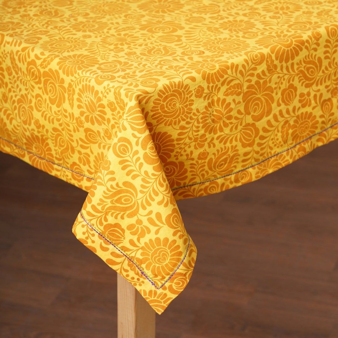 Matyo Yellow Colour Table Cloth, Floral Print Cotton Fabric, Size ...