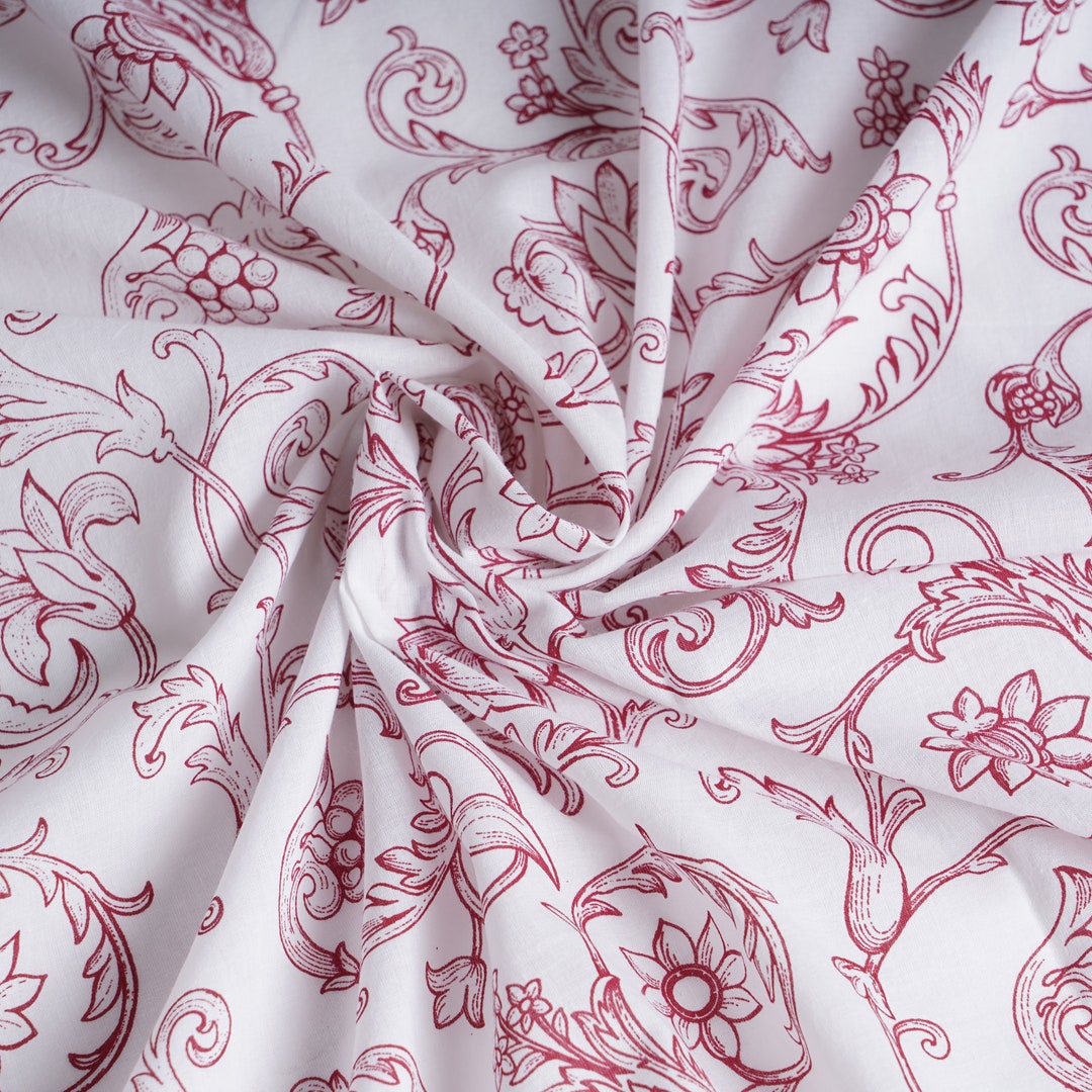 Sheer Printed Fabric, Red Colour Victorian Swirl Pattern, Fabric by the ...