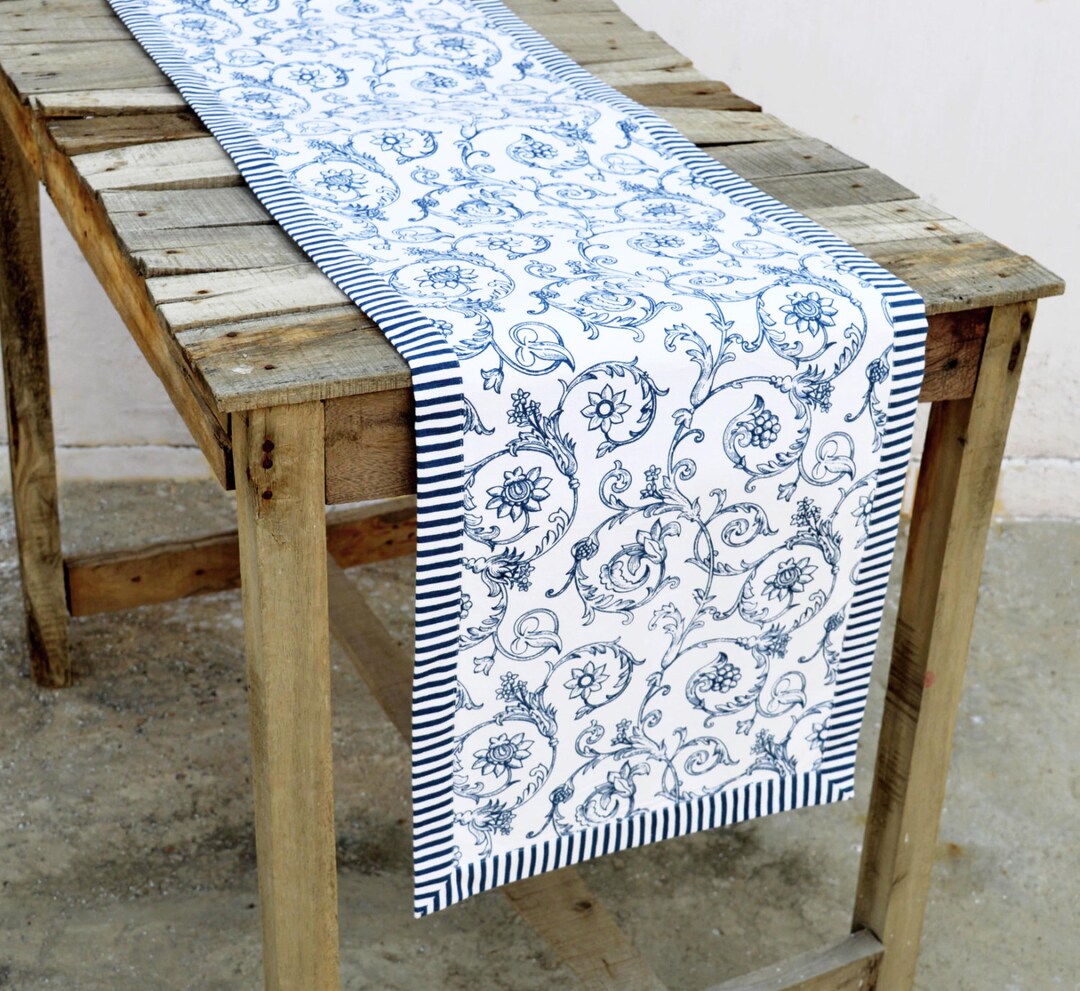 Blue Cotton Table Runner, Swirl Print With Stripe Border, Table Decor ...