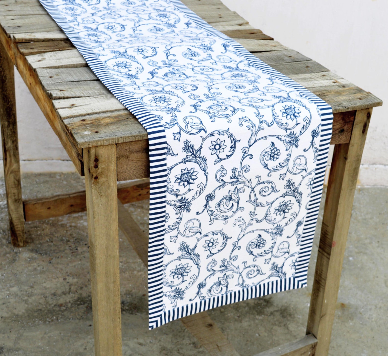 Blue Cotton Table Runner Swirl Print With Stripe Border - Etsy