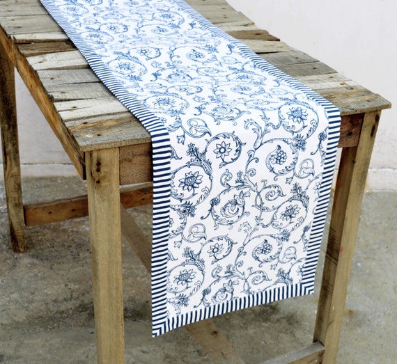 Blue Cotton Table Runner Swirl Print With Stripe Border - Etsy