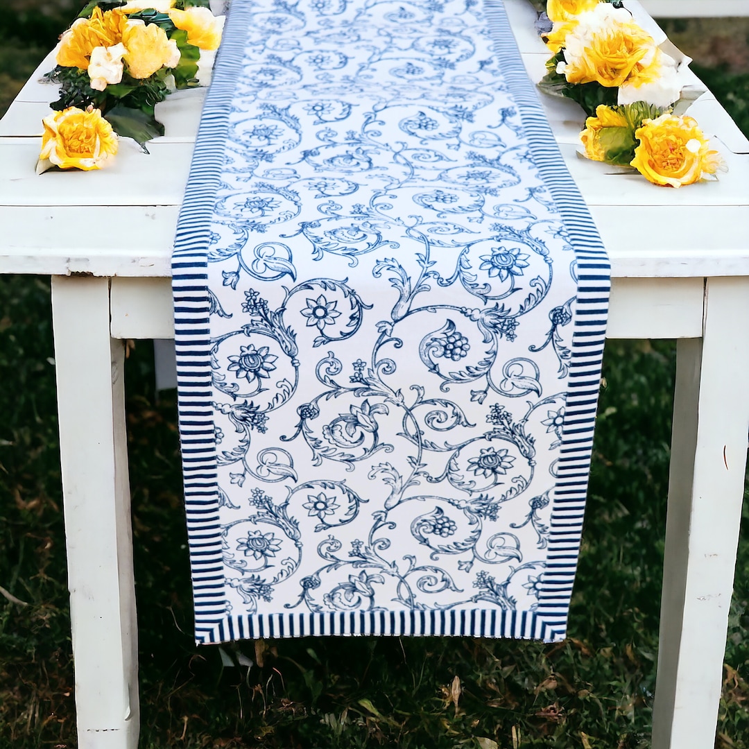 Blue Cotton Table Runner, Swirl Print With Stripe Border, Table Decor ...
