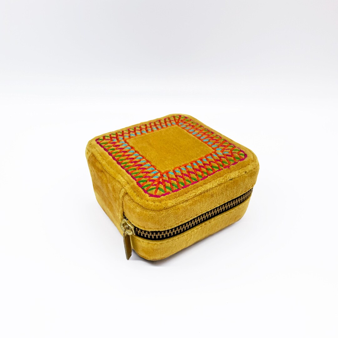 Mustard Velvet Square Embroidered Jewelry Box, Travel Gift, Bridesmaid ...