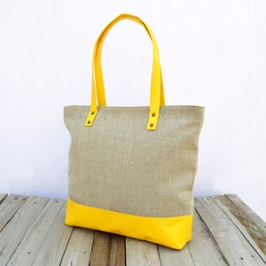 Large Yellow Tote Bag in Linen and Yellow Faux Leather - Etsy