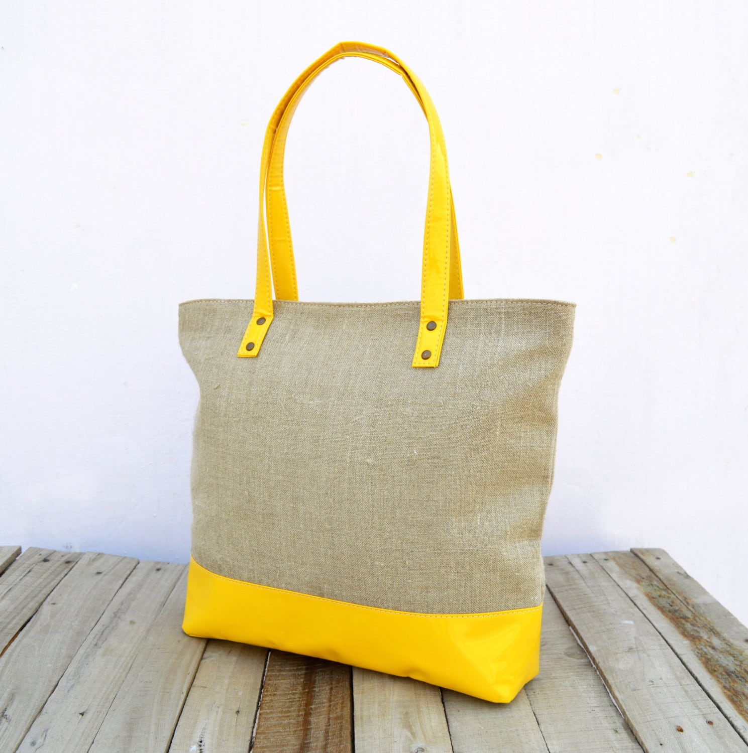 Large Yellow Tote Bag in Linen and Yellow Faux Leather - Etsy India