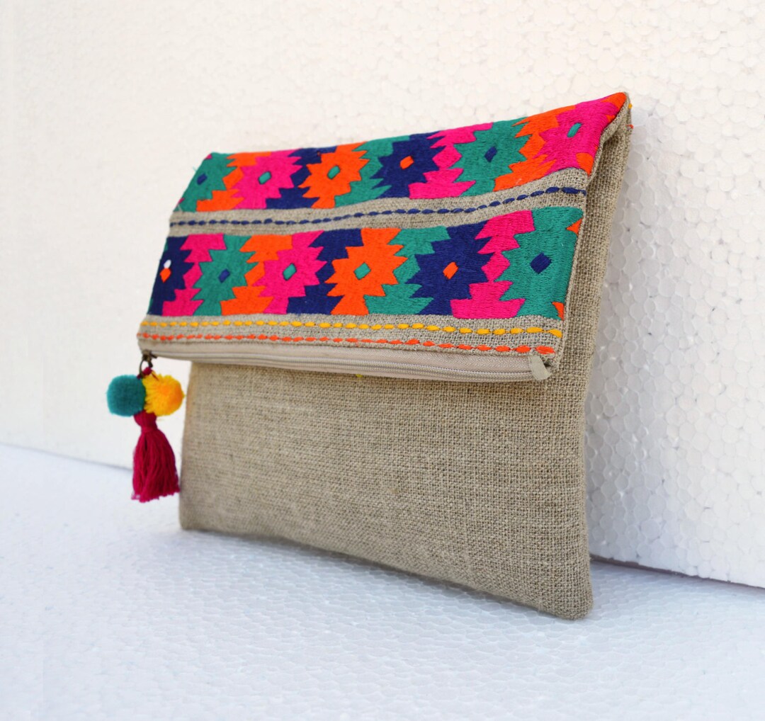 Boho Pouch, Linen Bag, Kilim Pattern, Moroccan, Foldover Clutch ...