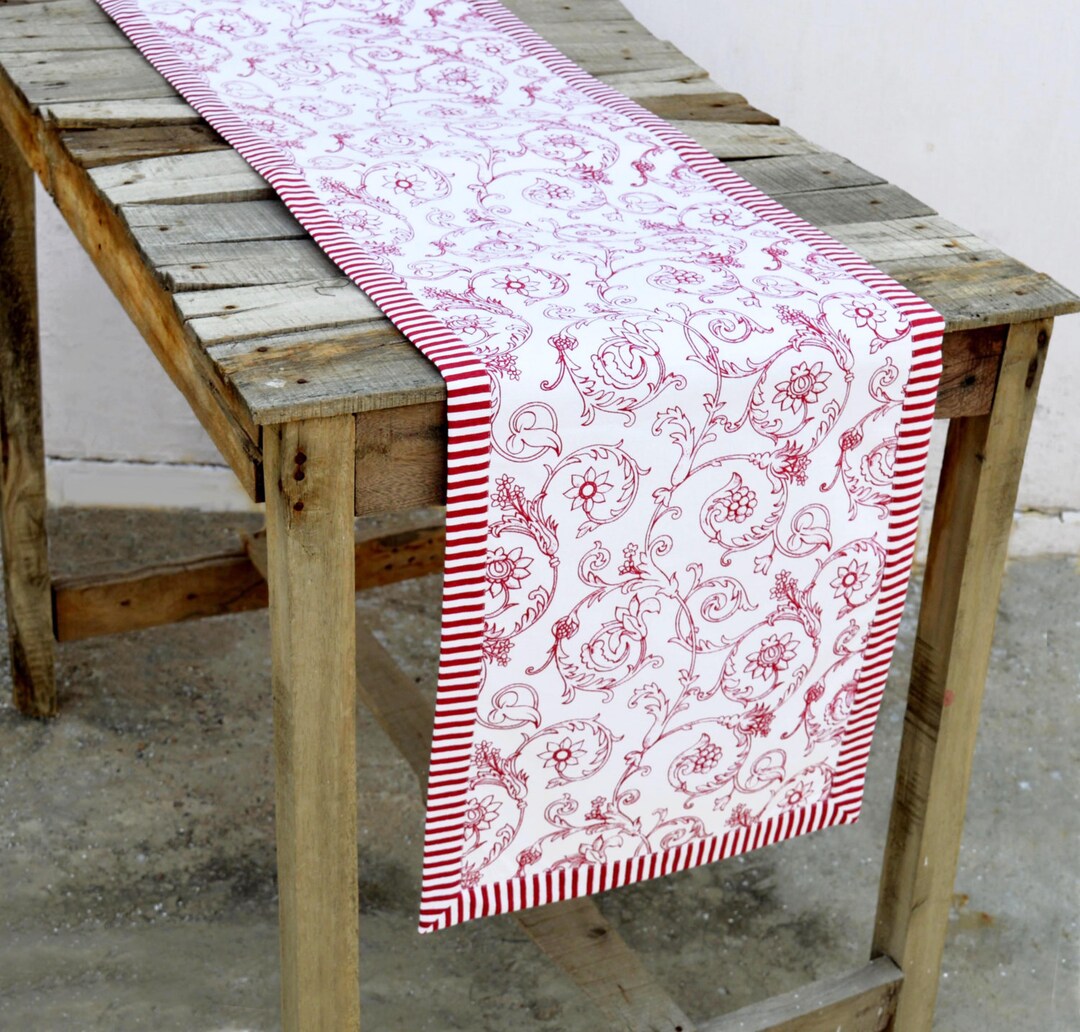 Buy Red Runner Swirl Print Red Stripe Border Cotton Table Online in ...