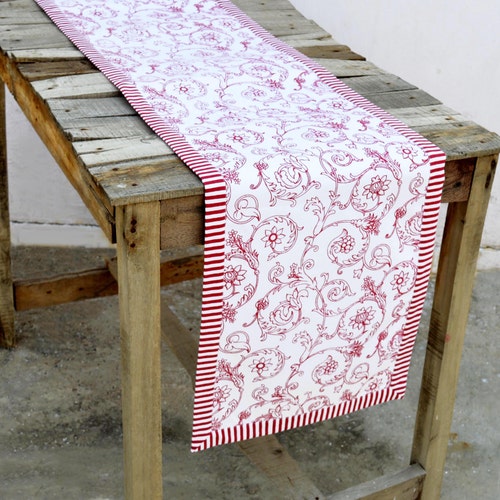 Red Runner Swirl Print Red Stripe Border Cotton Table - Etsy