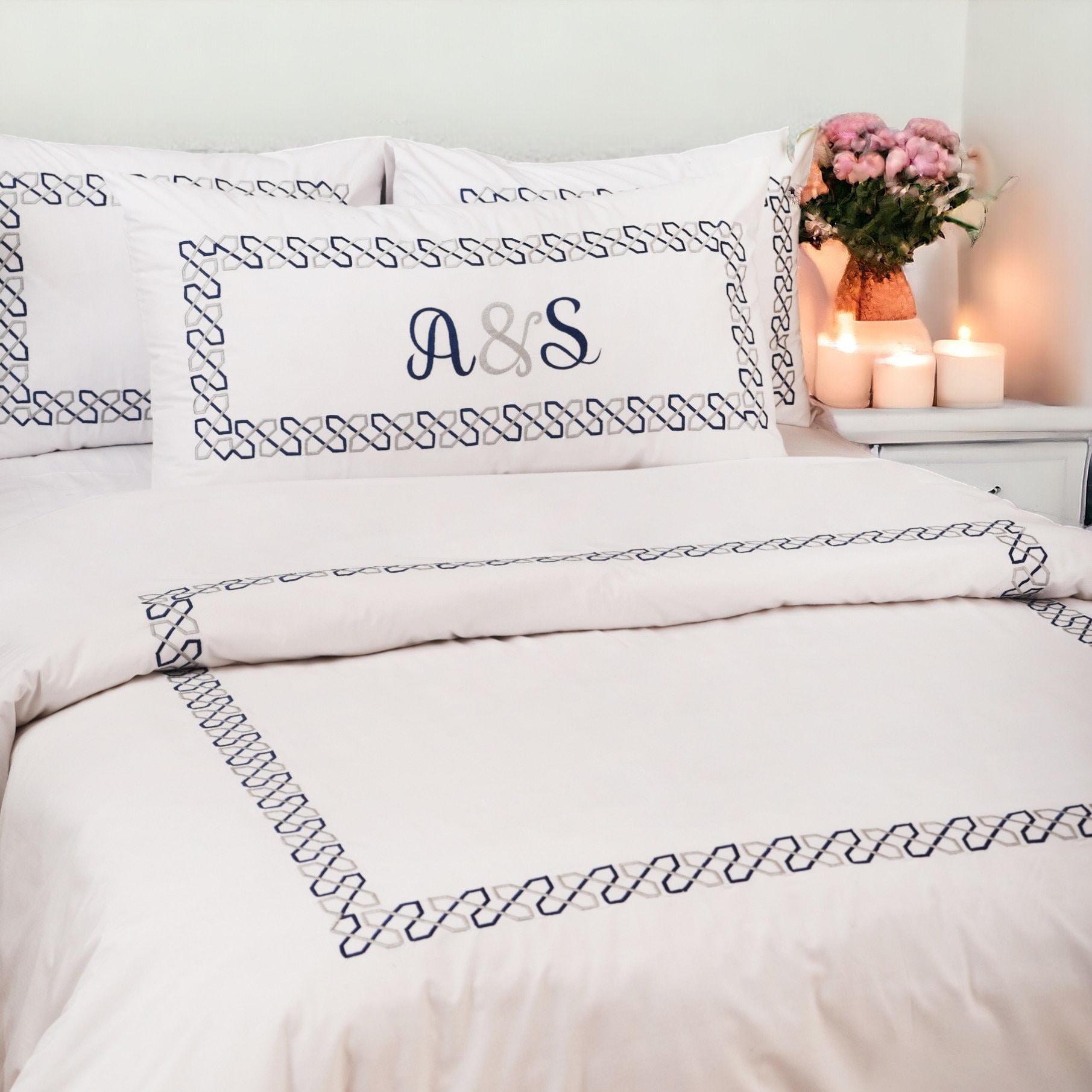 Embroidered Duvet Cover Set, 300TC White Cotton Bedding - Etsy