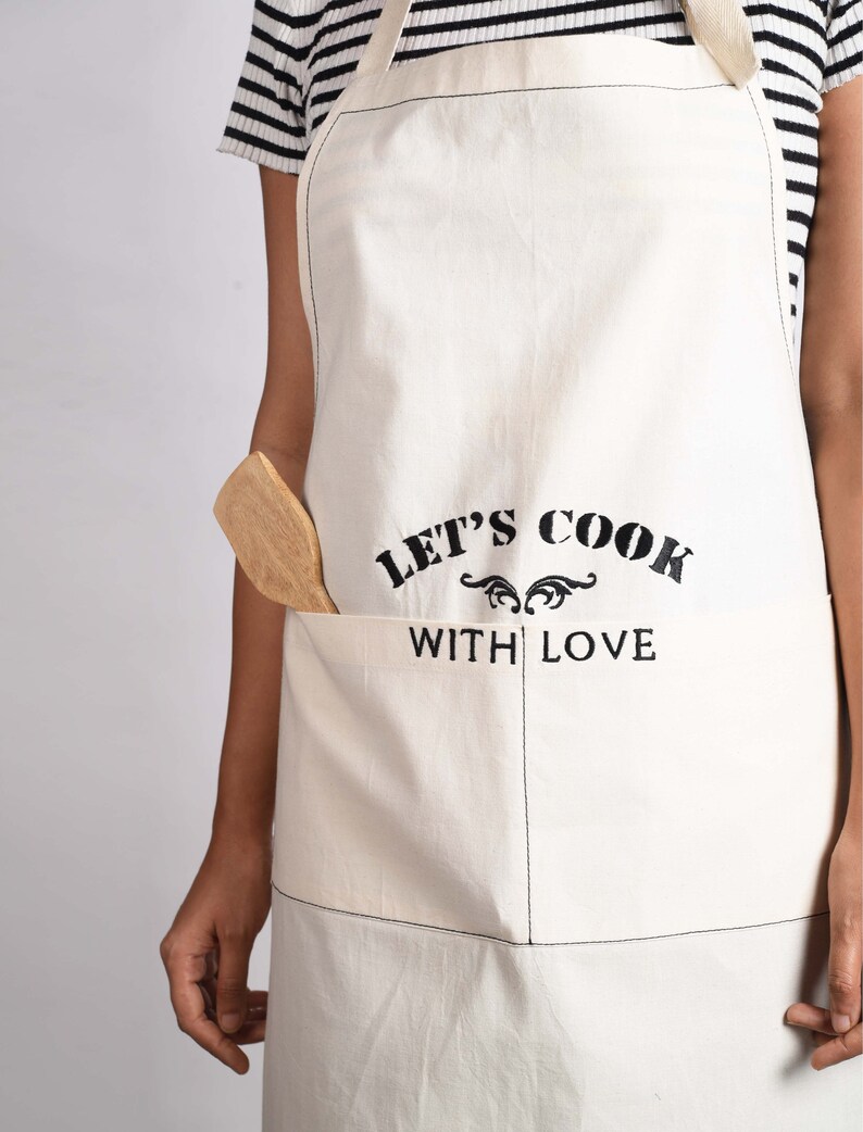 Off White, Cotton Apron, Embroidered, Kitchen, Housewarming Gift, Size ...